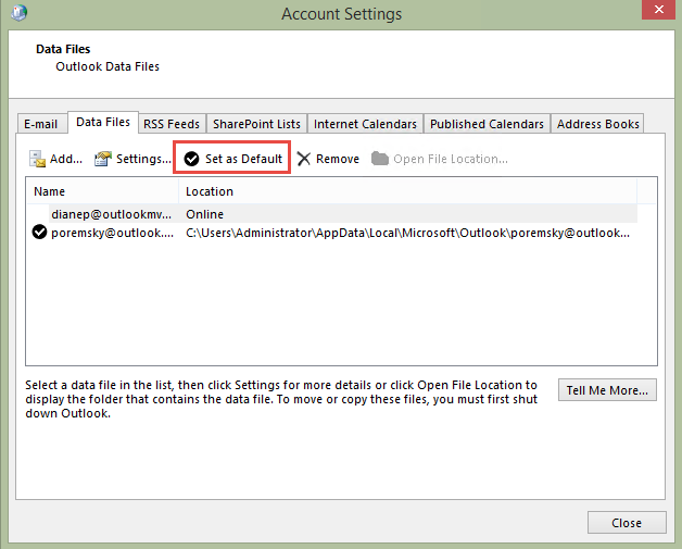 Set Another Data File as Default When Using an Exchange Account