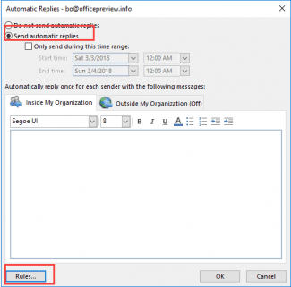 Use Automatic reply rules without sending an Out of Office message