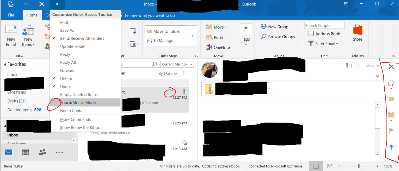 Outlook's Touch Screen mode