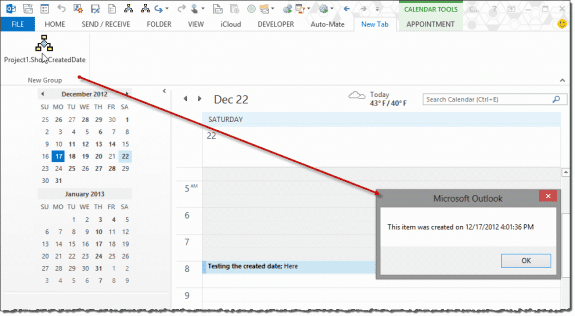 Display the Created Date field of any Outlook item